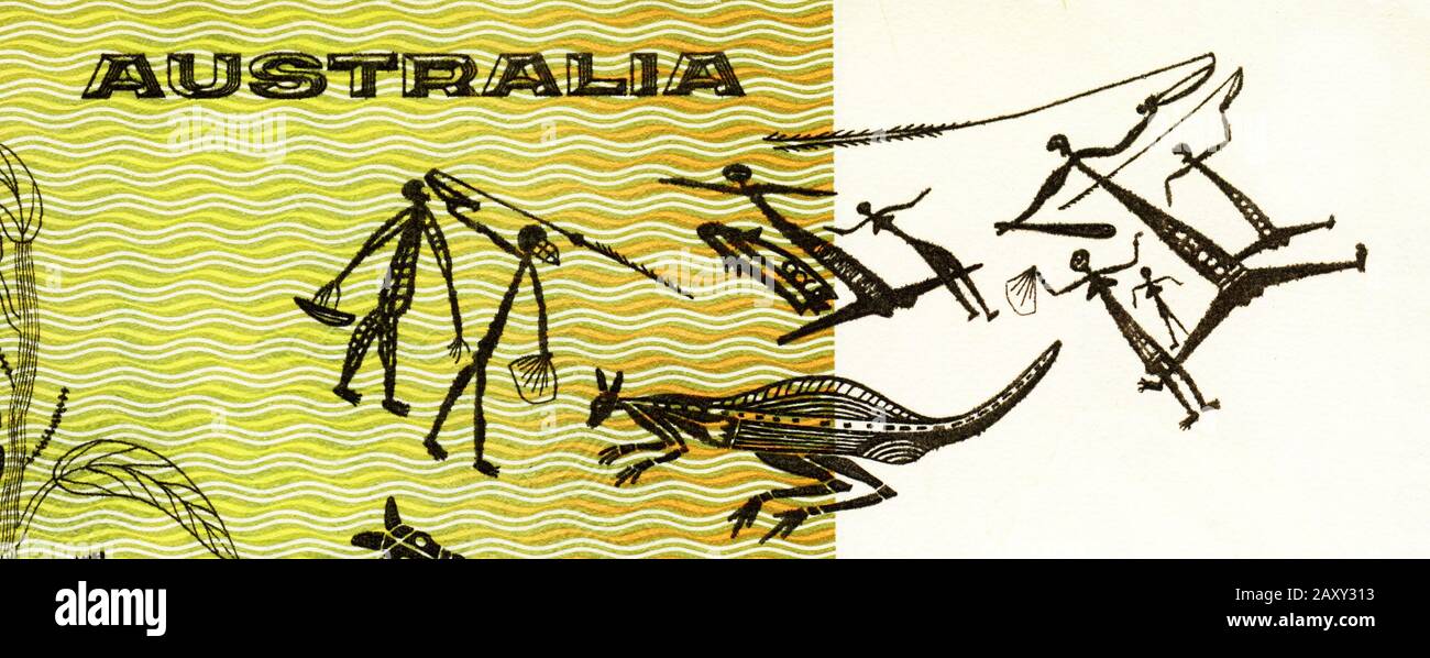A team of Australian aborigines drawn in an aboriginal theme on the old ...