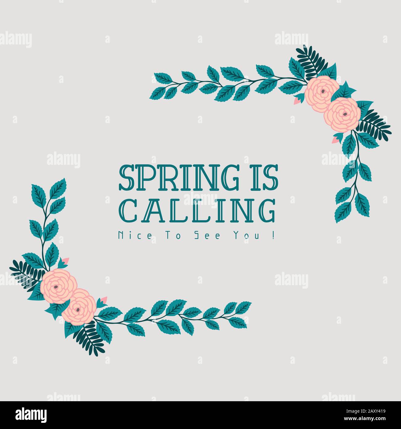 Greeting card for spring calling, with ornate leaf and rose flower ...