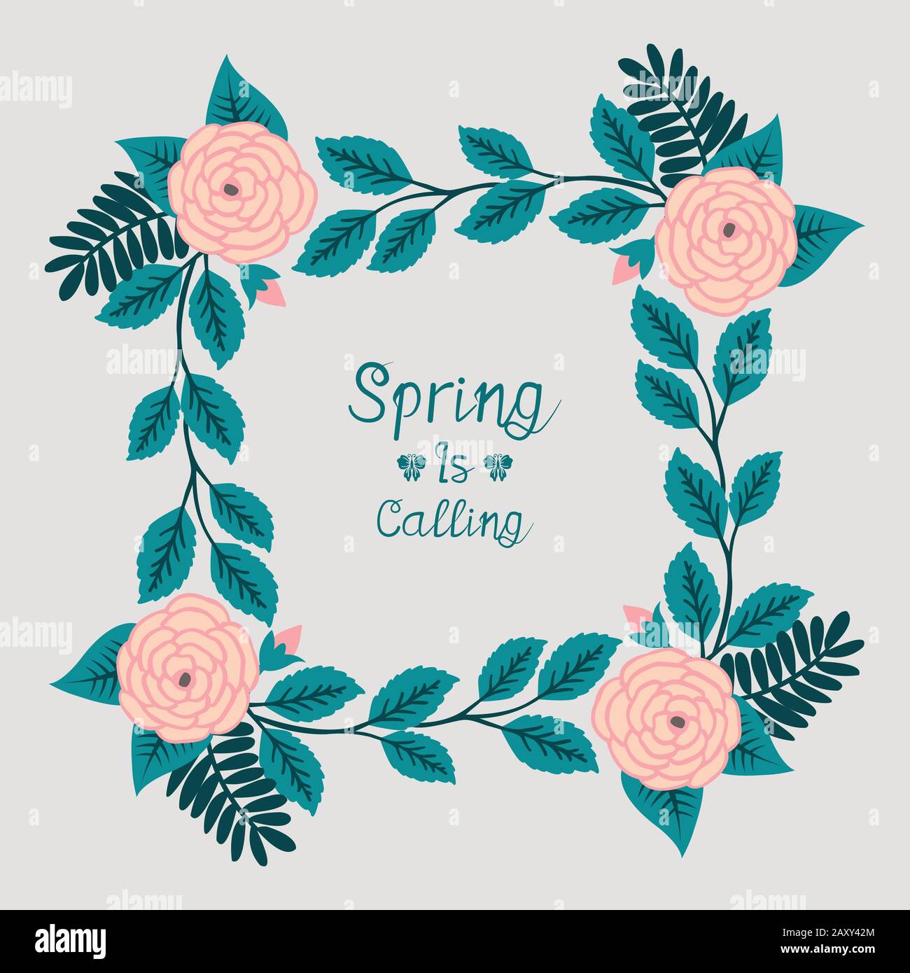 Greeting card for spring calling, with ornate leaf and rose flower ...