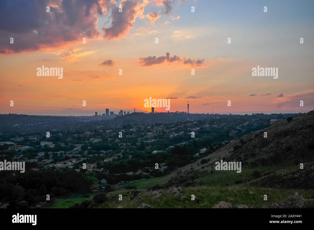 Panoramic view of the skyline of Johannesburg, South Africa at sunset ...