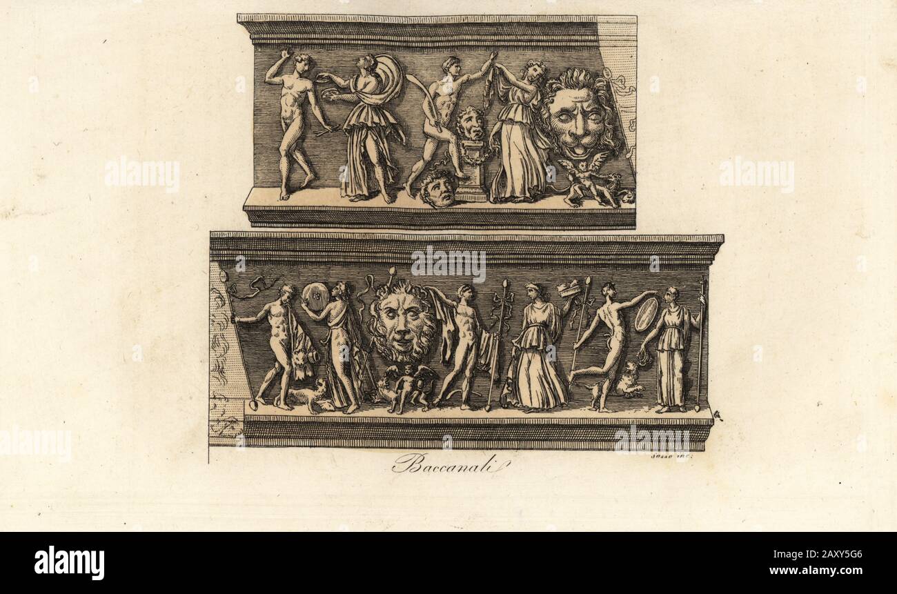 Depiction of a Roman Bacchanal from a sculpture on a labrum in the Pio ...