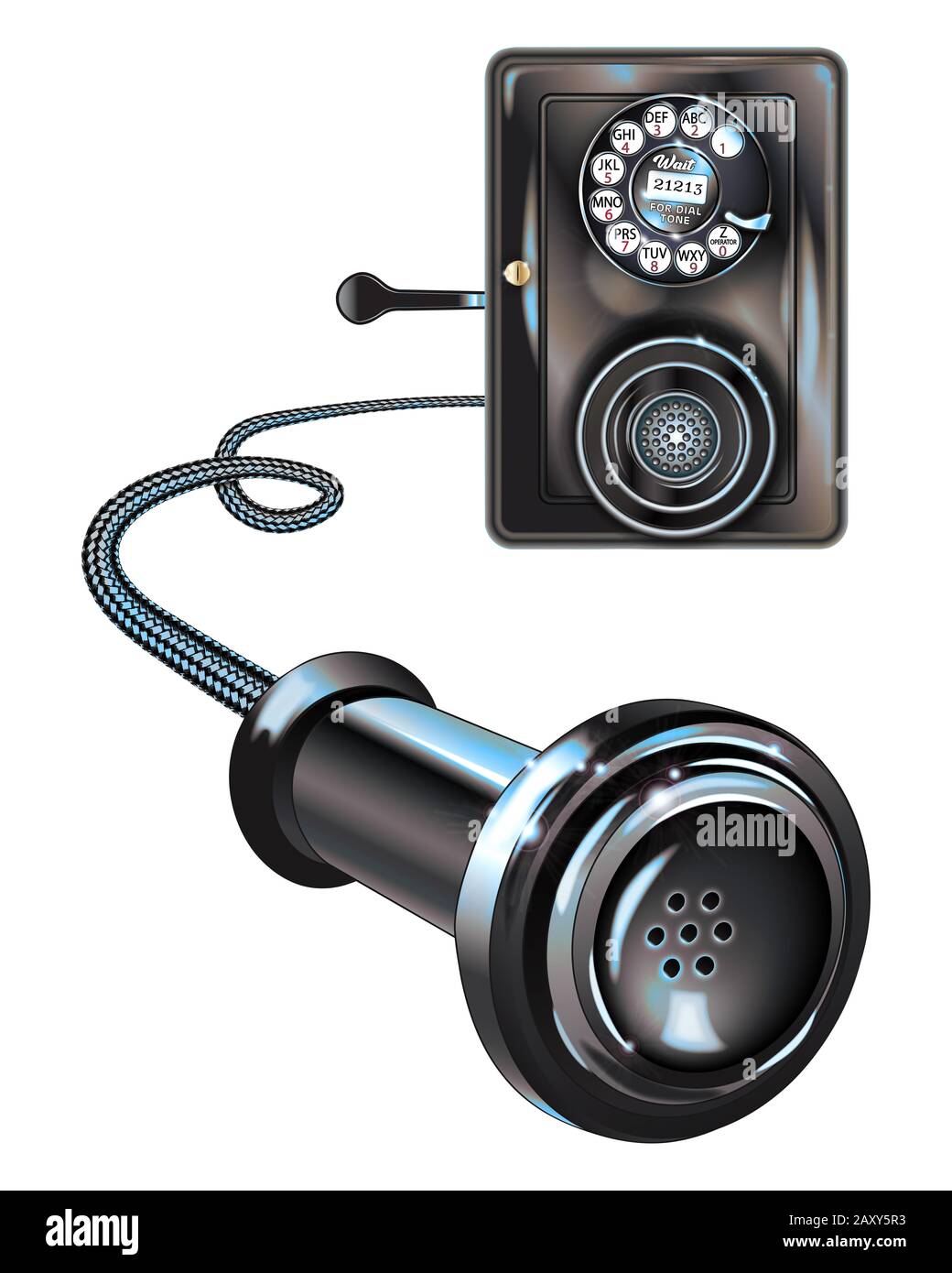 Illustration of a retro vintage black wall telephone circa 1930, made ...
