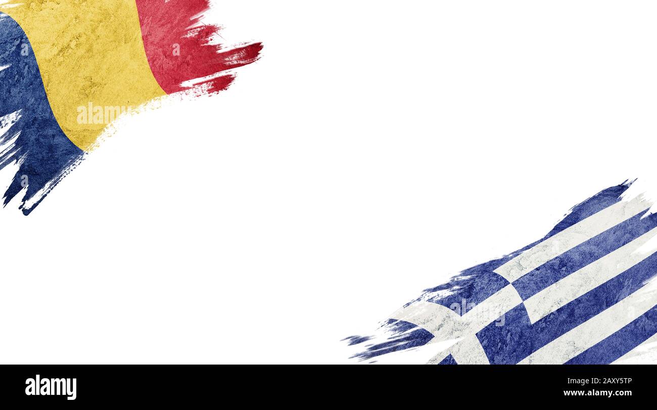 Flags of Romania and Greece on white background Stock Photo - Alamy