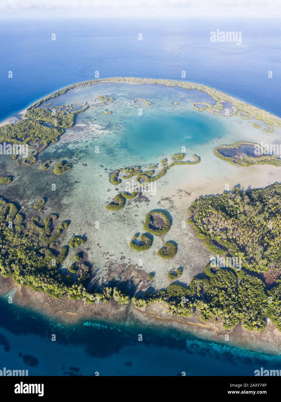 A remote tropical island in the Molucca Sea is fringed by a ring of ...