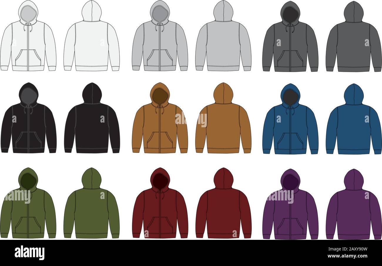 Vector illustration set of hoodie (hooded sweatshirt) , zip up parka ...