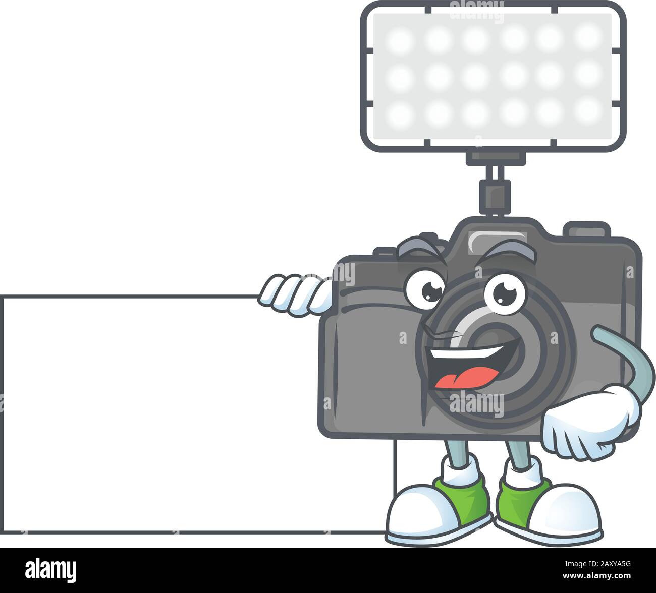 Cute funny photo camera with lighting cartoon character having a board ...