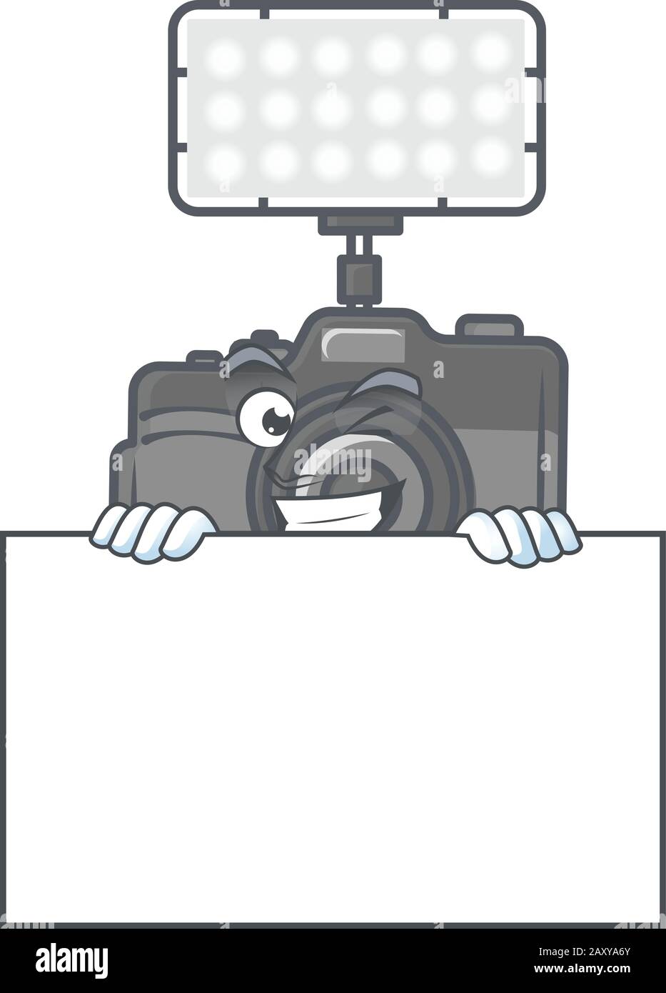 Photo camera with lighting cartoon character with funny face hides ...