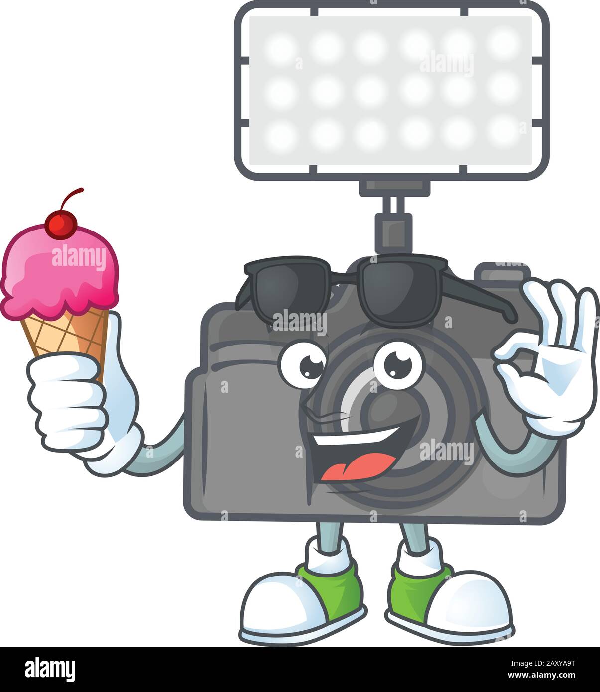 Photo camera with lighting mascot cartoon style eating an ice cream ...