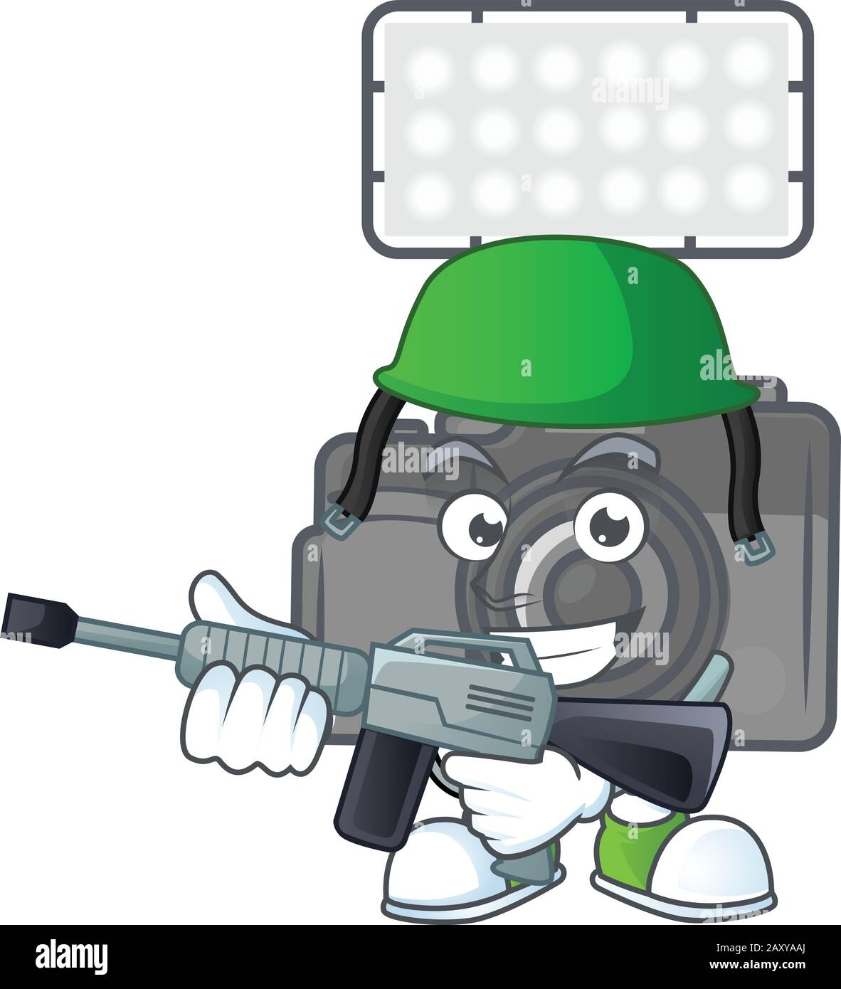 Photo camera with lighting mascot design in an Army uniform with ...