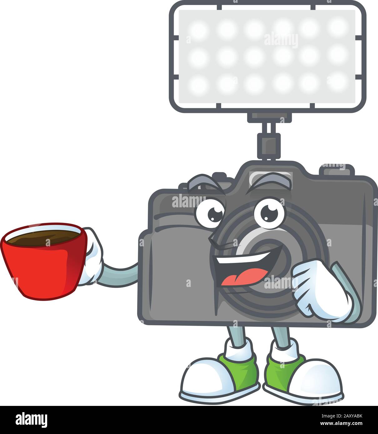 Cool photo camera with lighting cartoon character with a cup of coffee ...