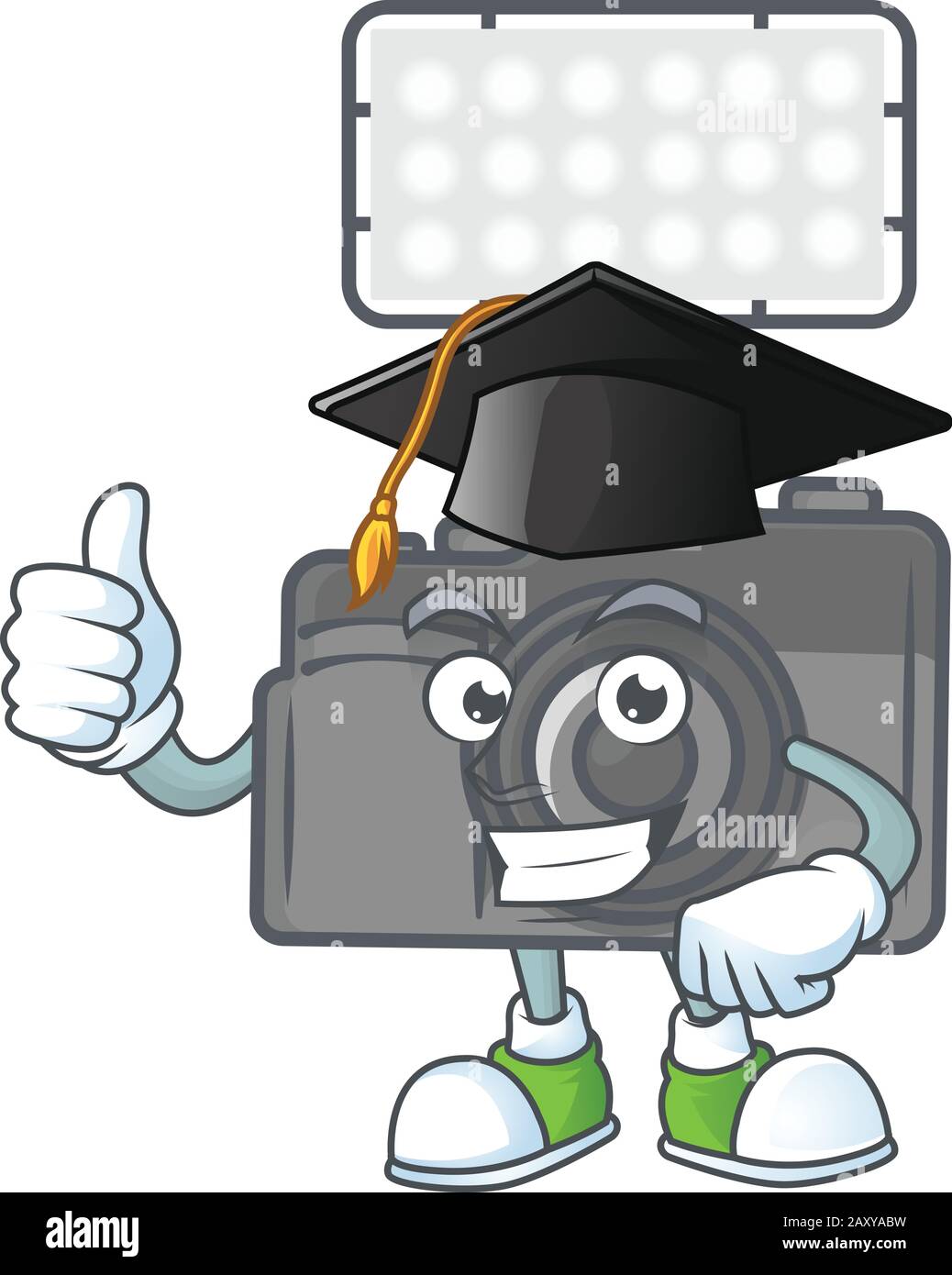 A happy character of photo camera with lighting in a black Graduation ...