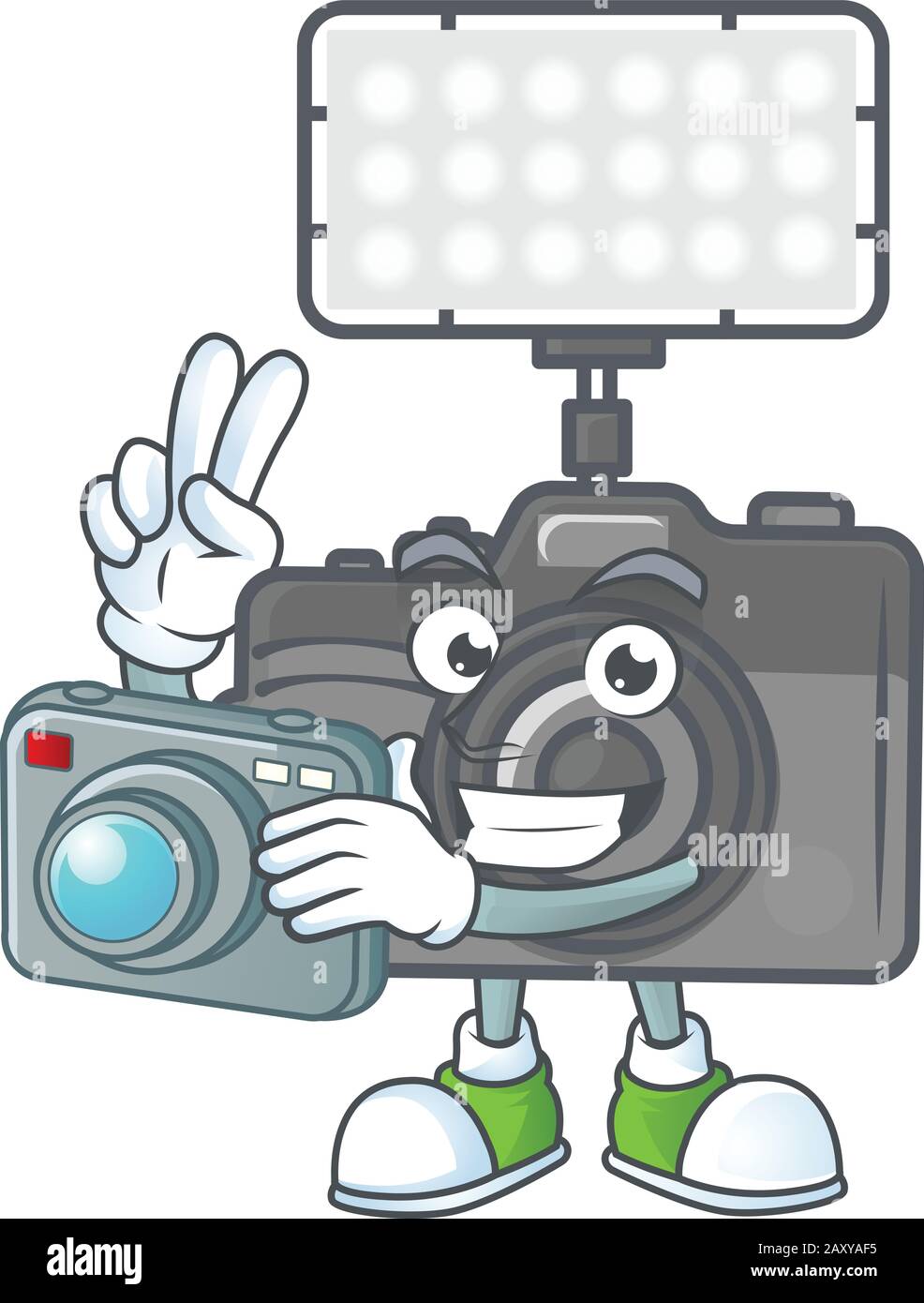 A photo camera with lighting Photographer cartoon character in action ...