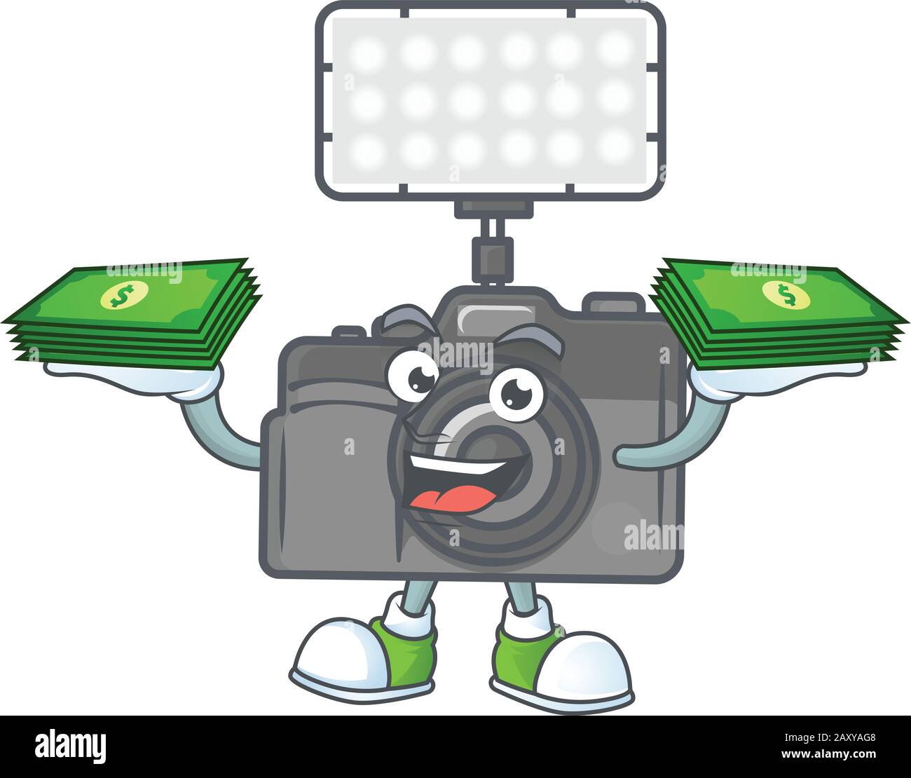 rich and famous photo camera with lighting cartoon character with money ...