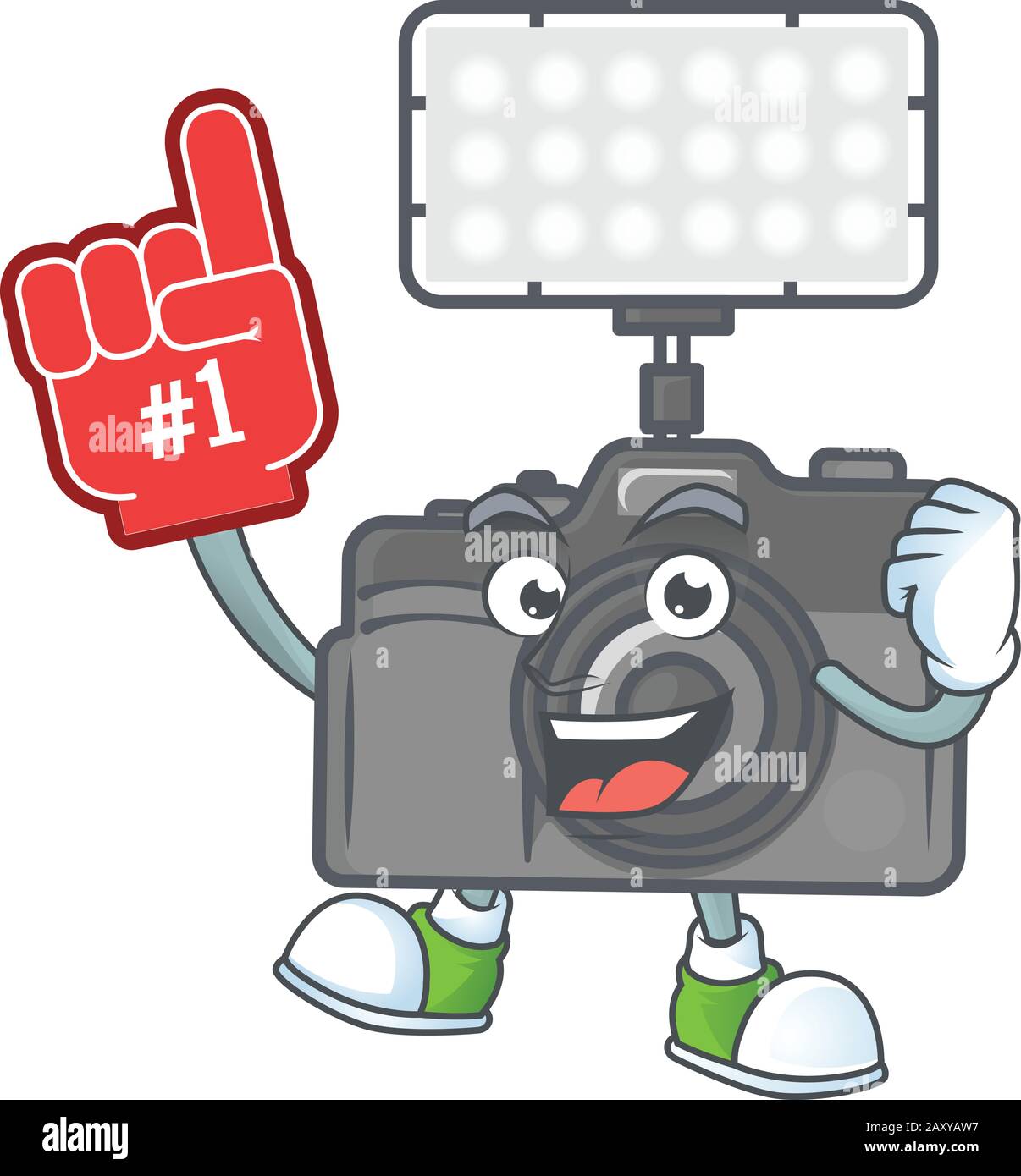 A cartoon design of photo camera with lighting holding a Foam finger ...