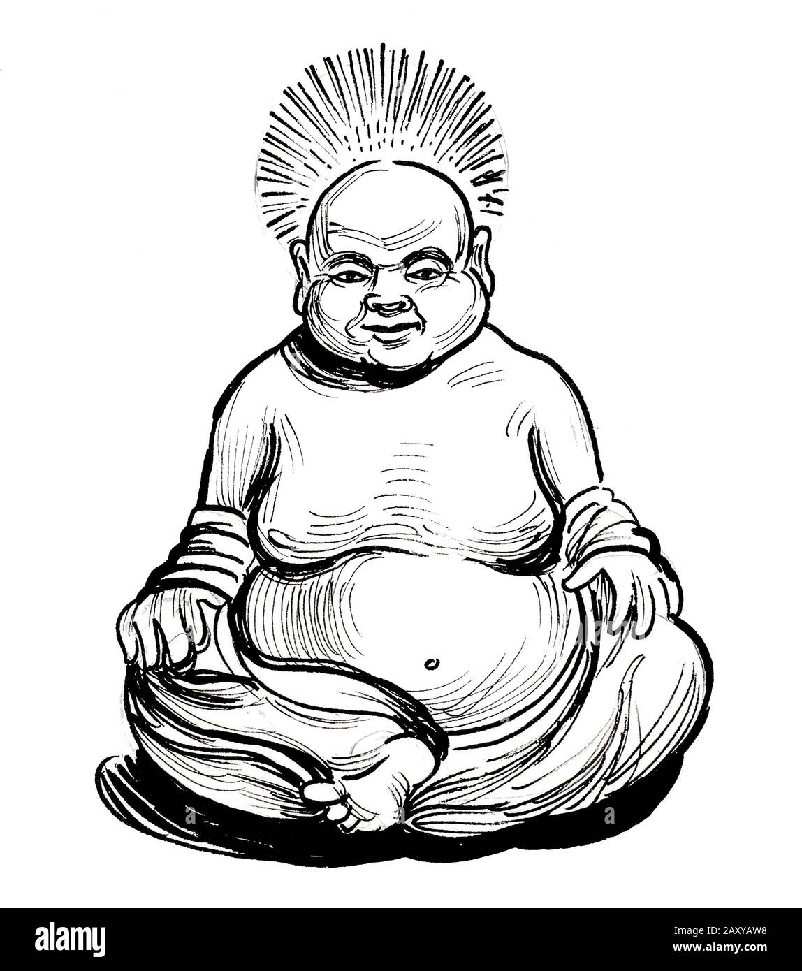 Sitting Buddha. Ink black and white drawing Stock Photo - Alamy