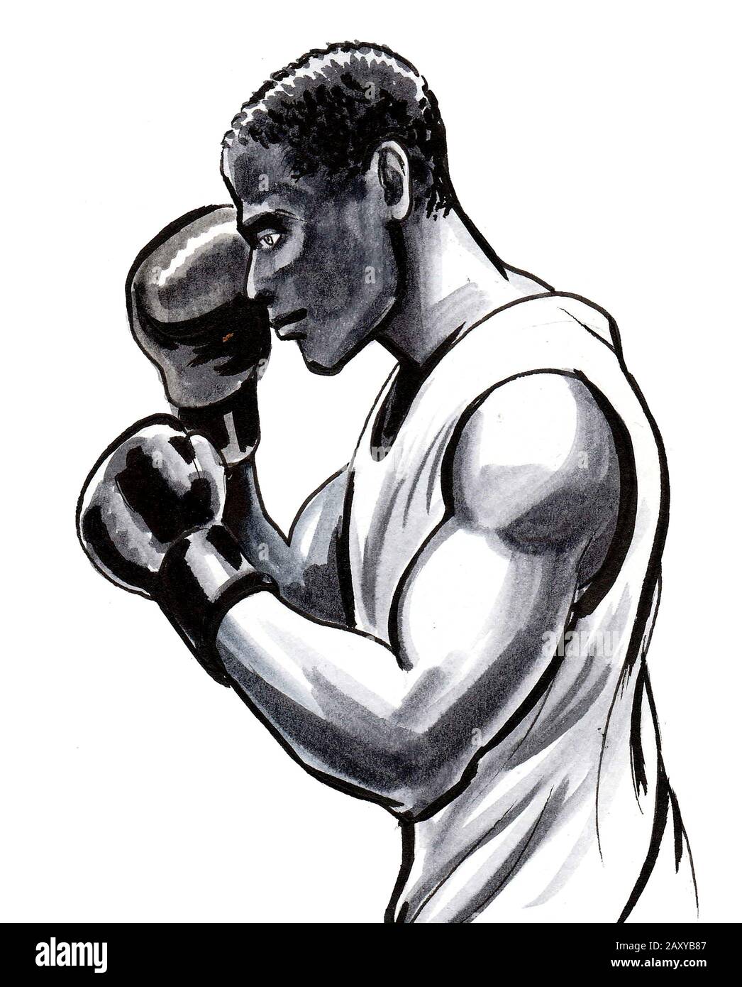 Boxing African American athlete. Ink and watercolor illustration Stock ...