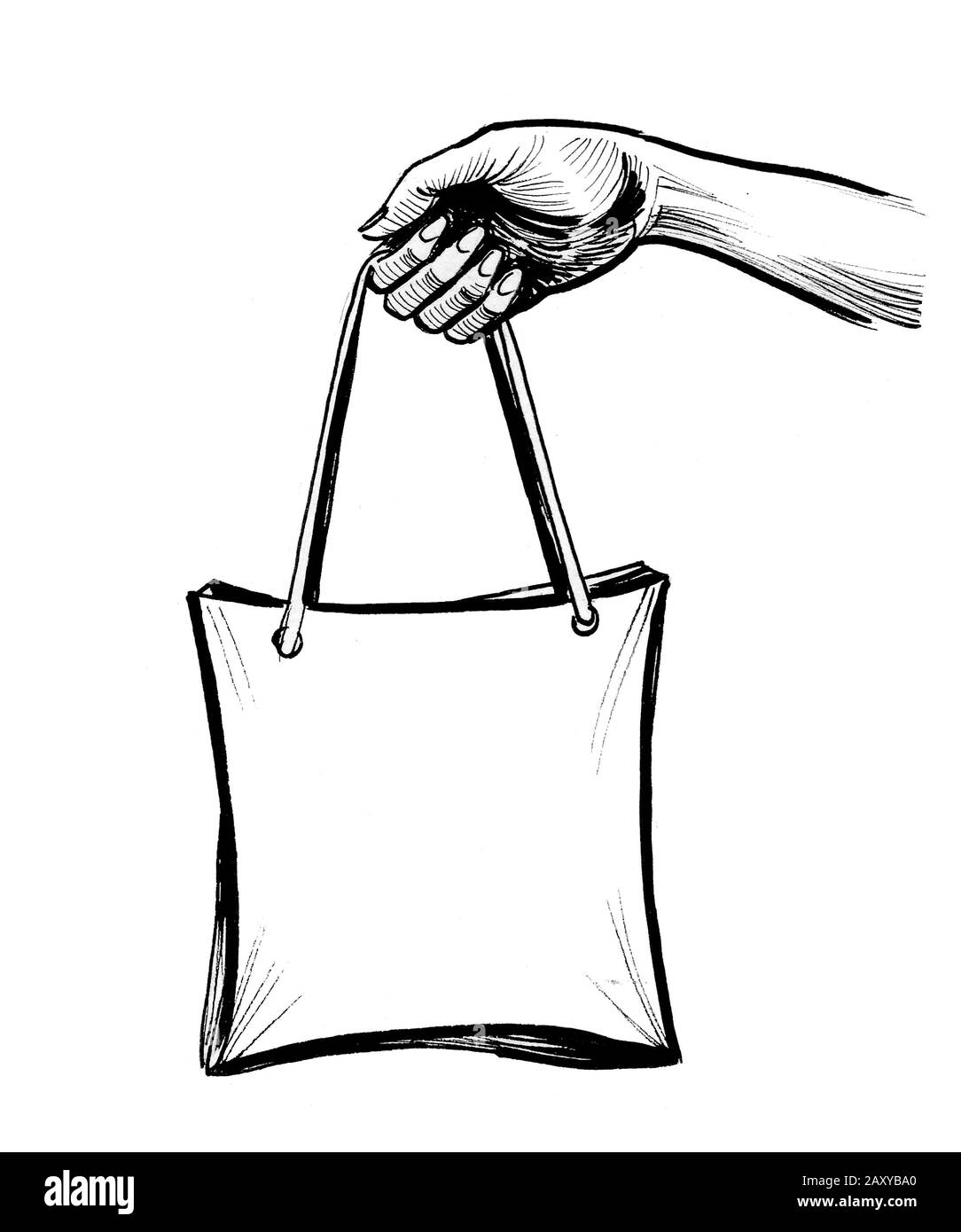 Hand holding shopping bag. Ink black and white drawing Stock Photo - Alamy