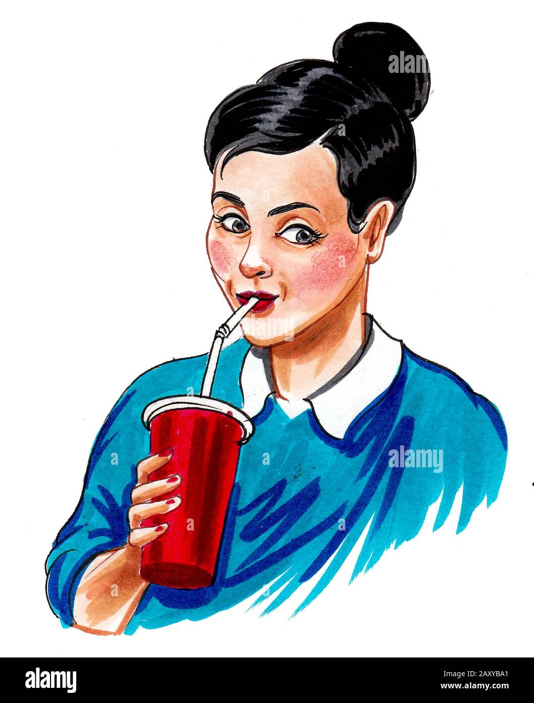 Pretty woman drinking beverage with a straw. Ink and watercolor ...