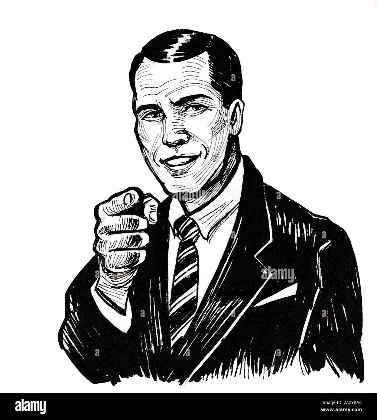 Businessman pointing at viewer. Ink black and white drawing Stock Photo ...