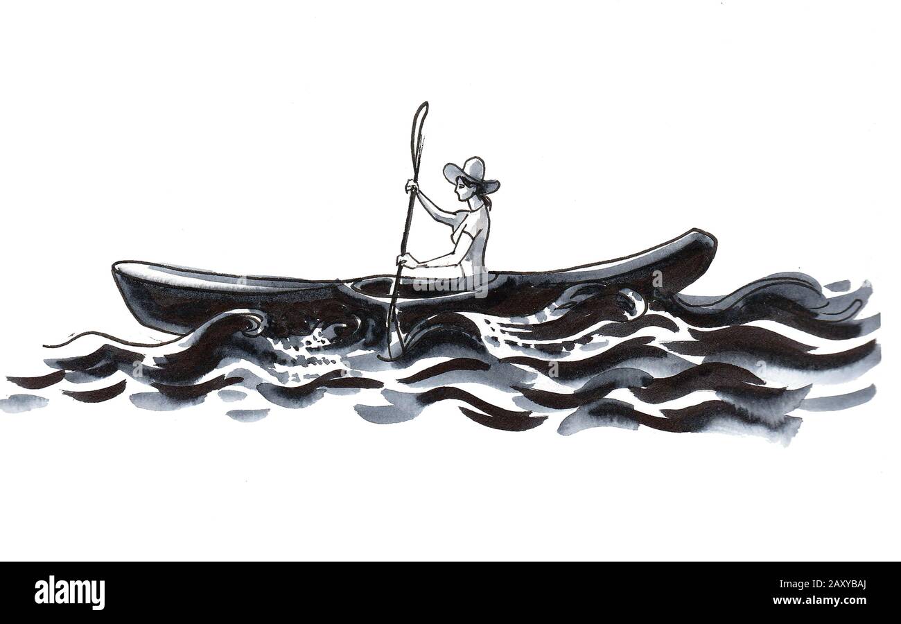 Woman rowing on canoe. Ink and watercolor illustration Stock Photo - Alamy