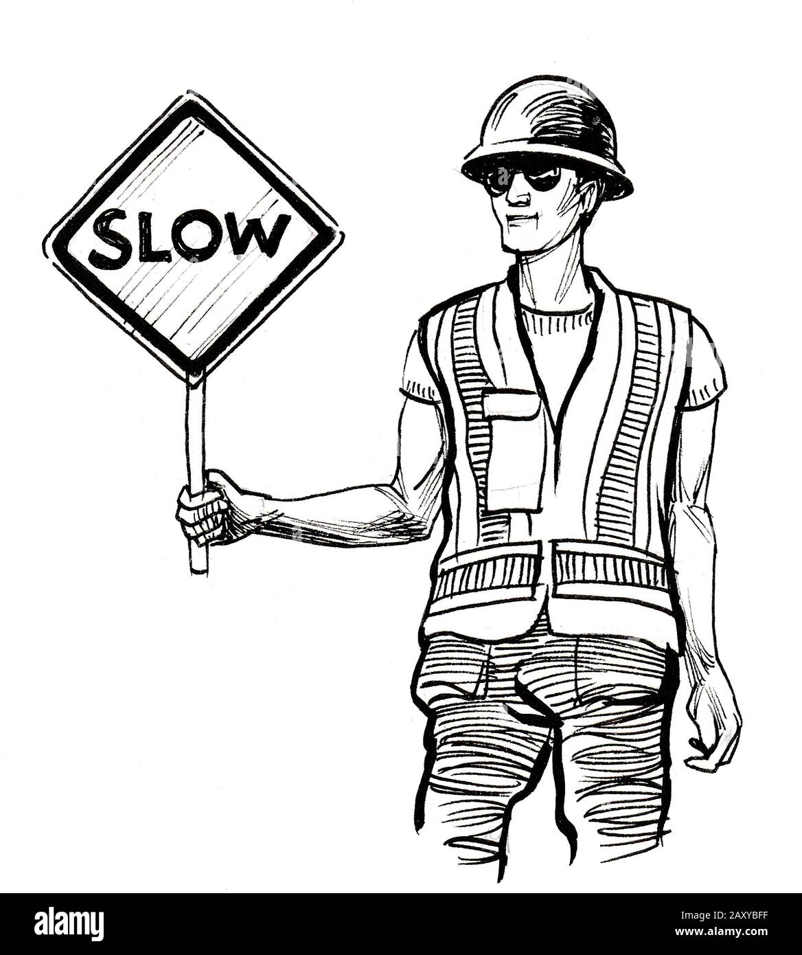 Construction worker with a slow sign. Ink black and white sketch Stock ...