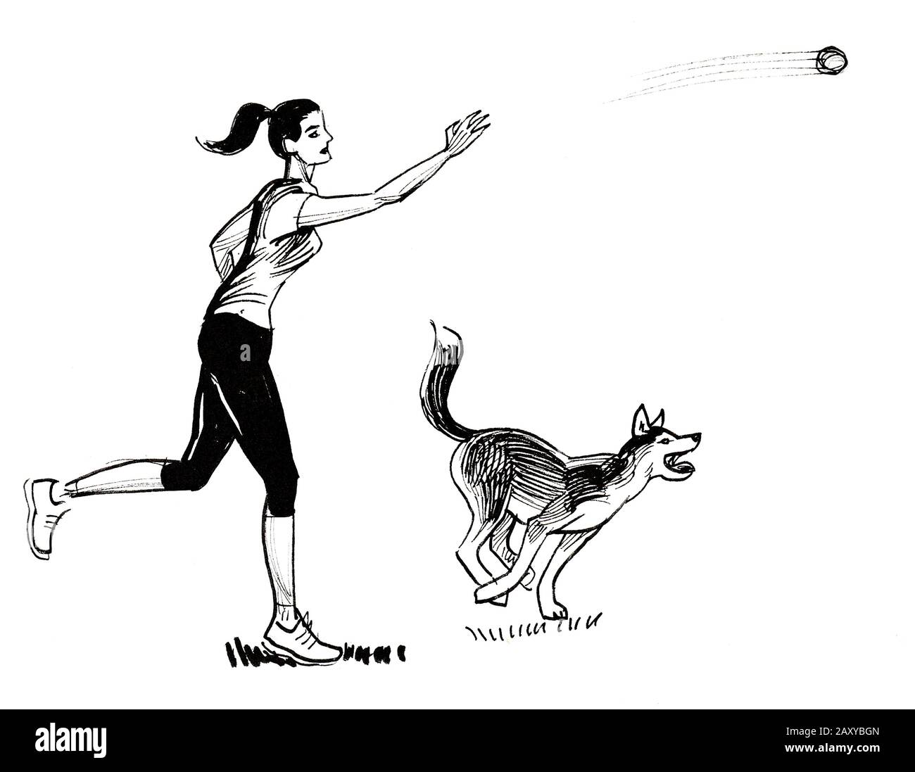 Girl throwing ball. Ink black and white drawing Stock Photo - Alamy