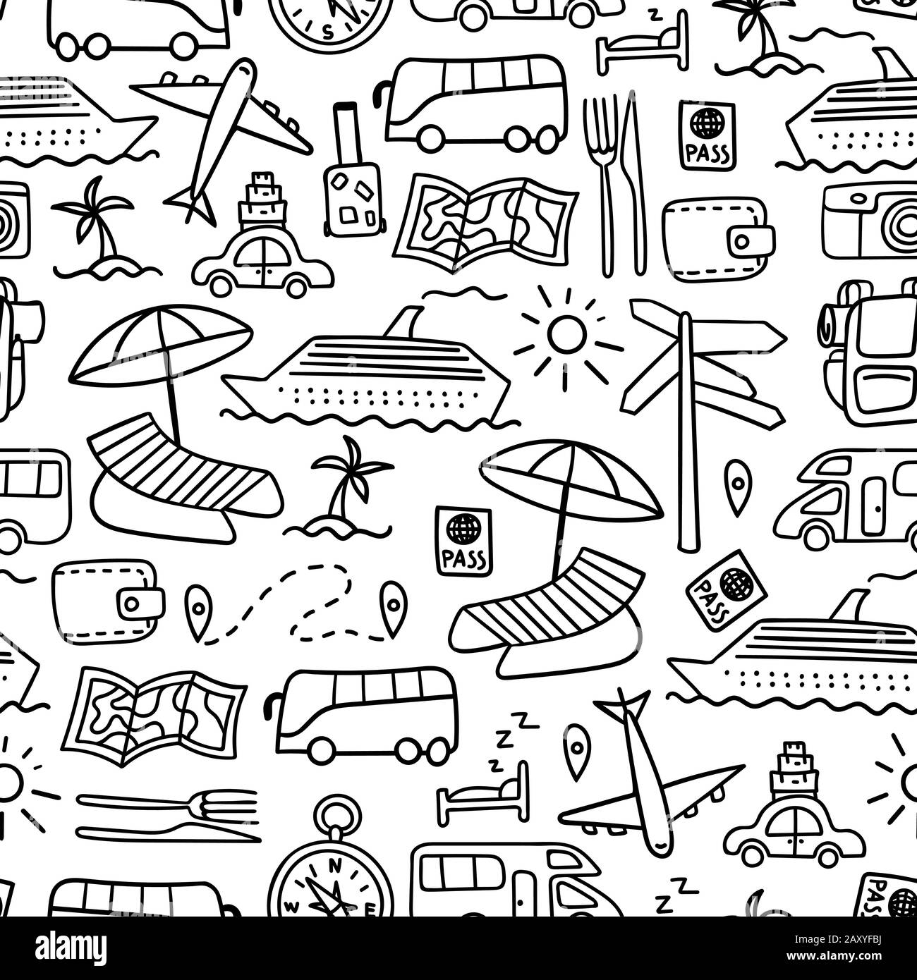 Seamless pattern with hand drawn travel doodles. Simple black outline ...
