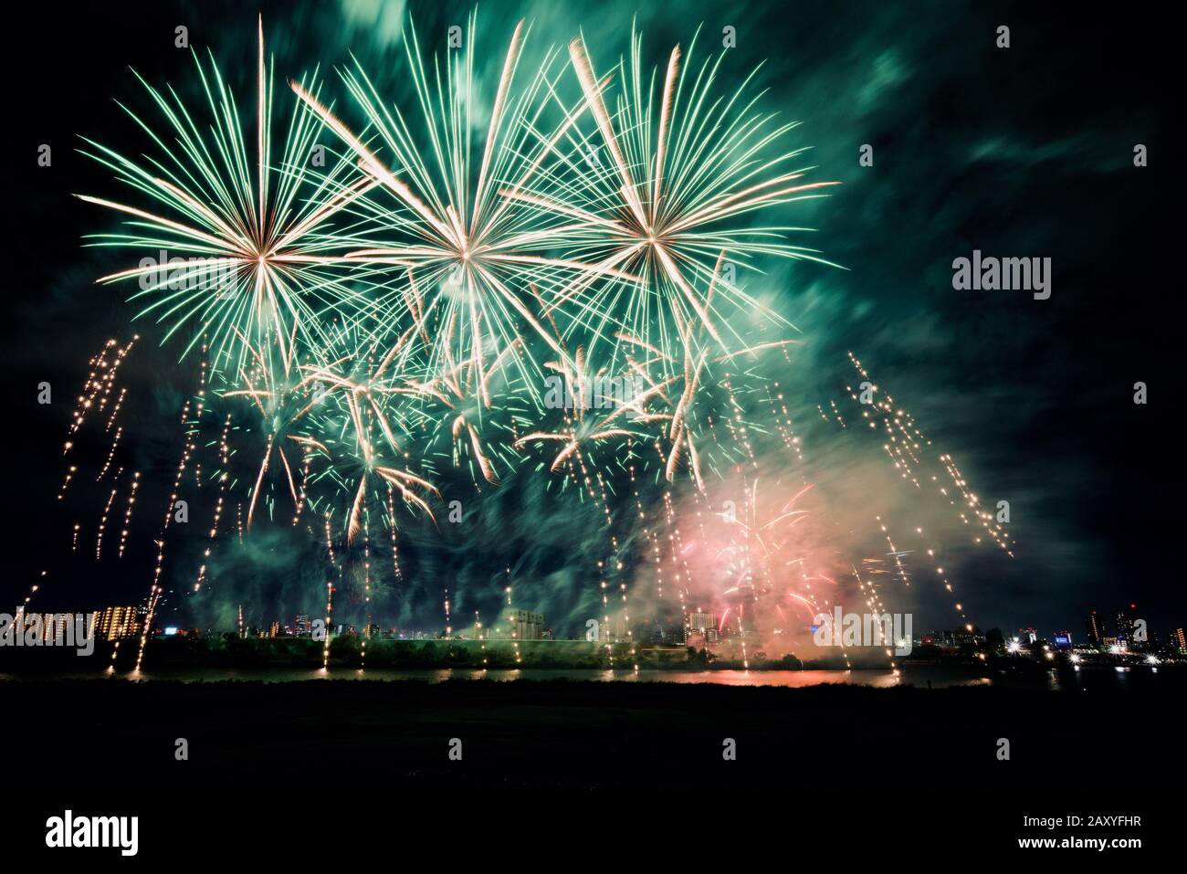 Fireworks at Arakawa Akabane Park in summer, Kita City, Tokyo Stock ...