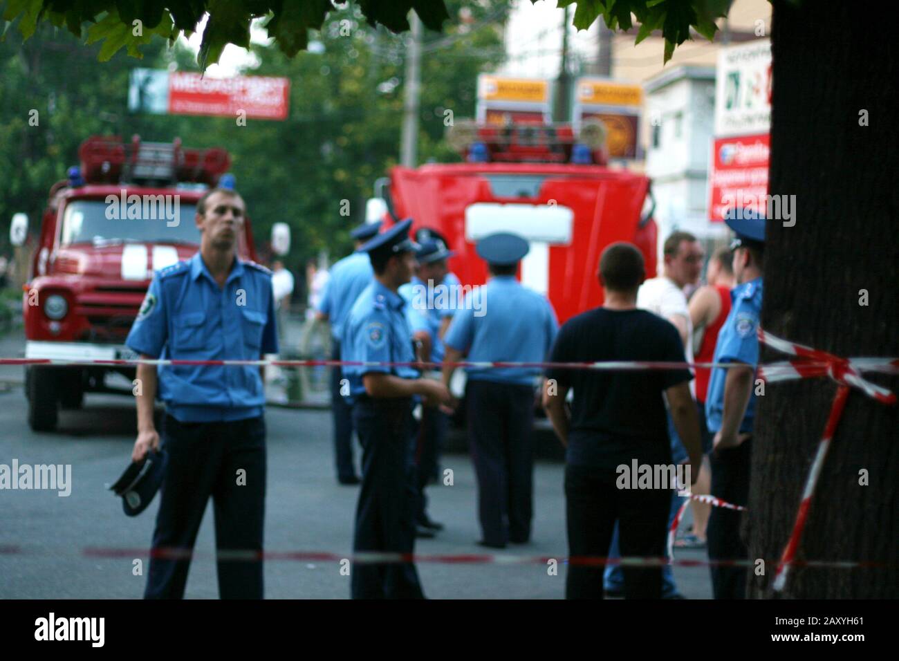 At the scene of a fire in a building. Firefighters Work Concept Stock ...