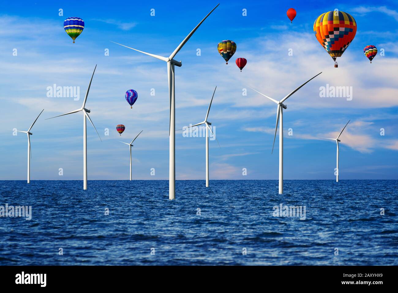 Wind turbine farm power generator in beautiful nature landscape for ...