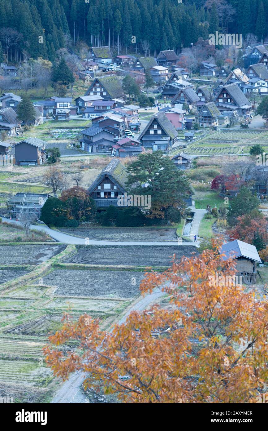 Elevated view of Ogimachi (UNESCO World Heritage Site), Shirakawa-go ...