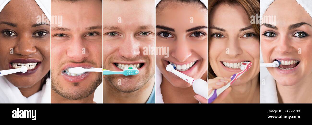 Brushing Teeth Collage. Diverse Group Of People Portraits Stock Photo ...