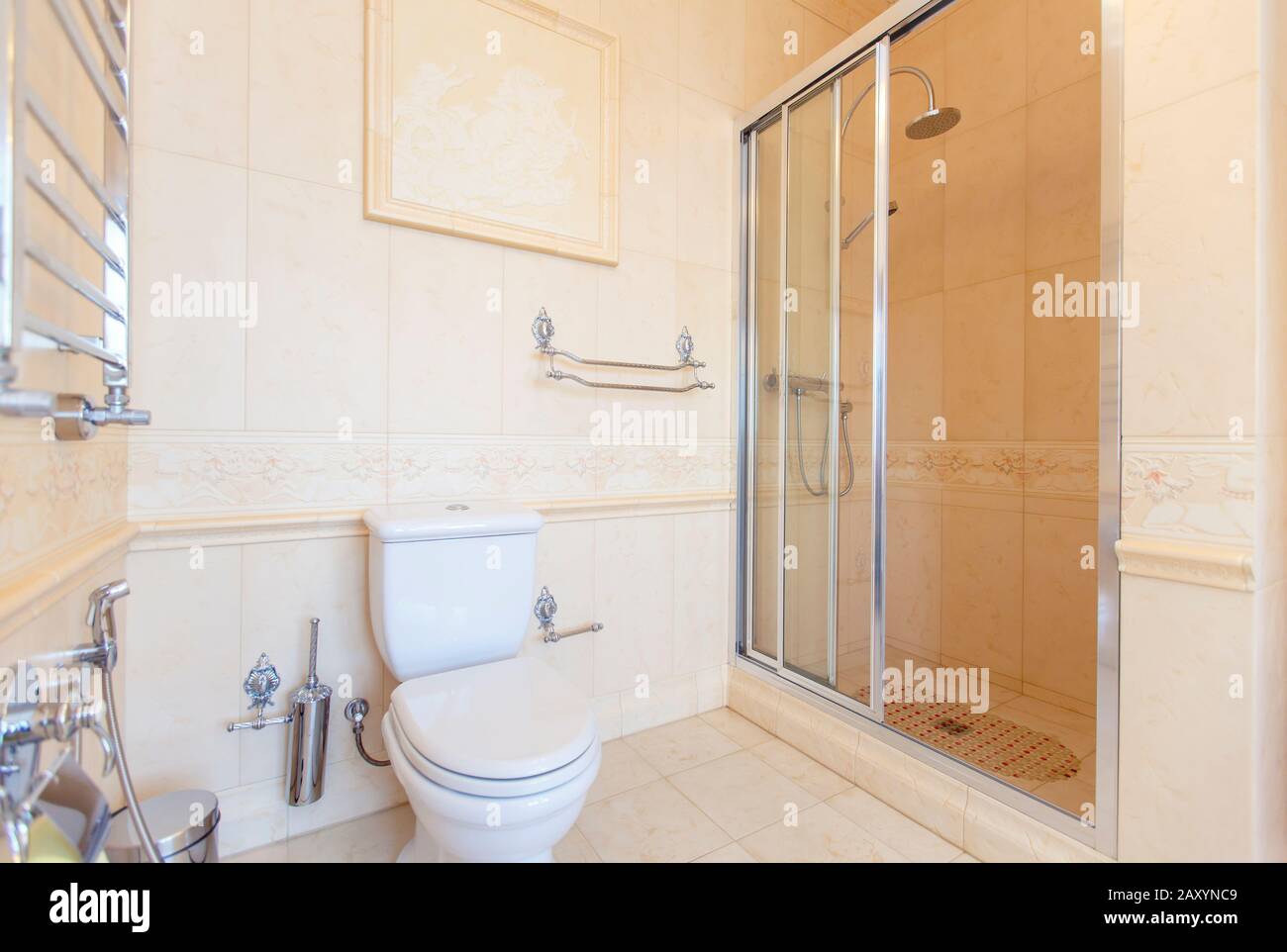 Elegant and rich Bathroom in a classic style in beige tones. Shower ...