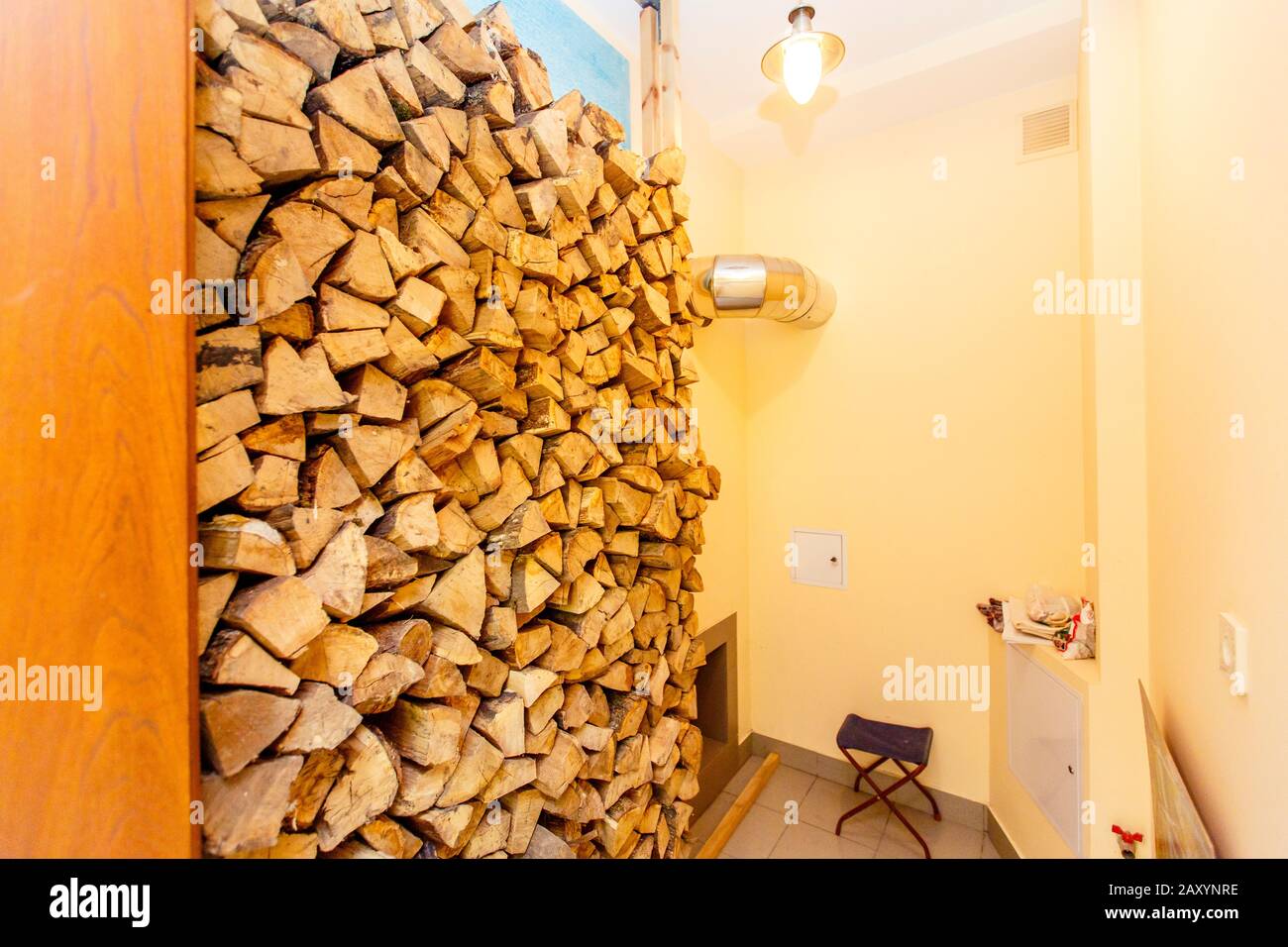 The firewood in the sauna's waiting room, next to the firebox, is ...
