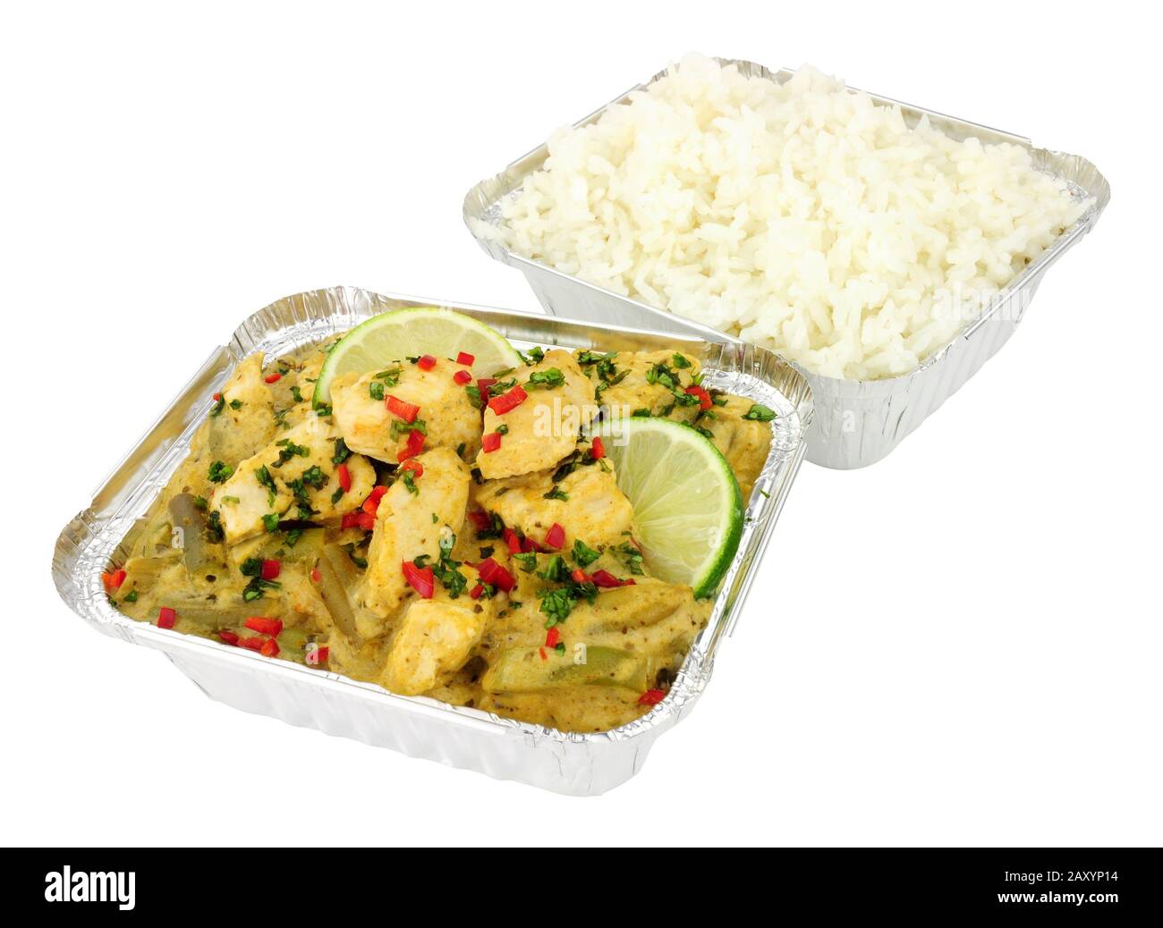 Thai green chicken curry take away meal in foil container isolated on a ...