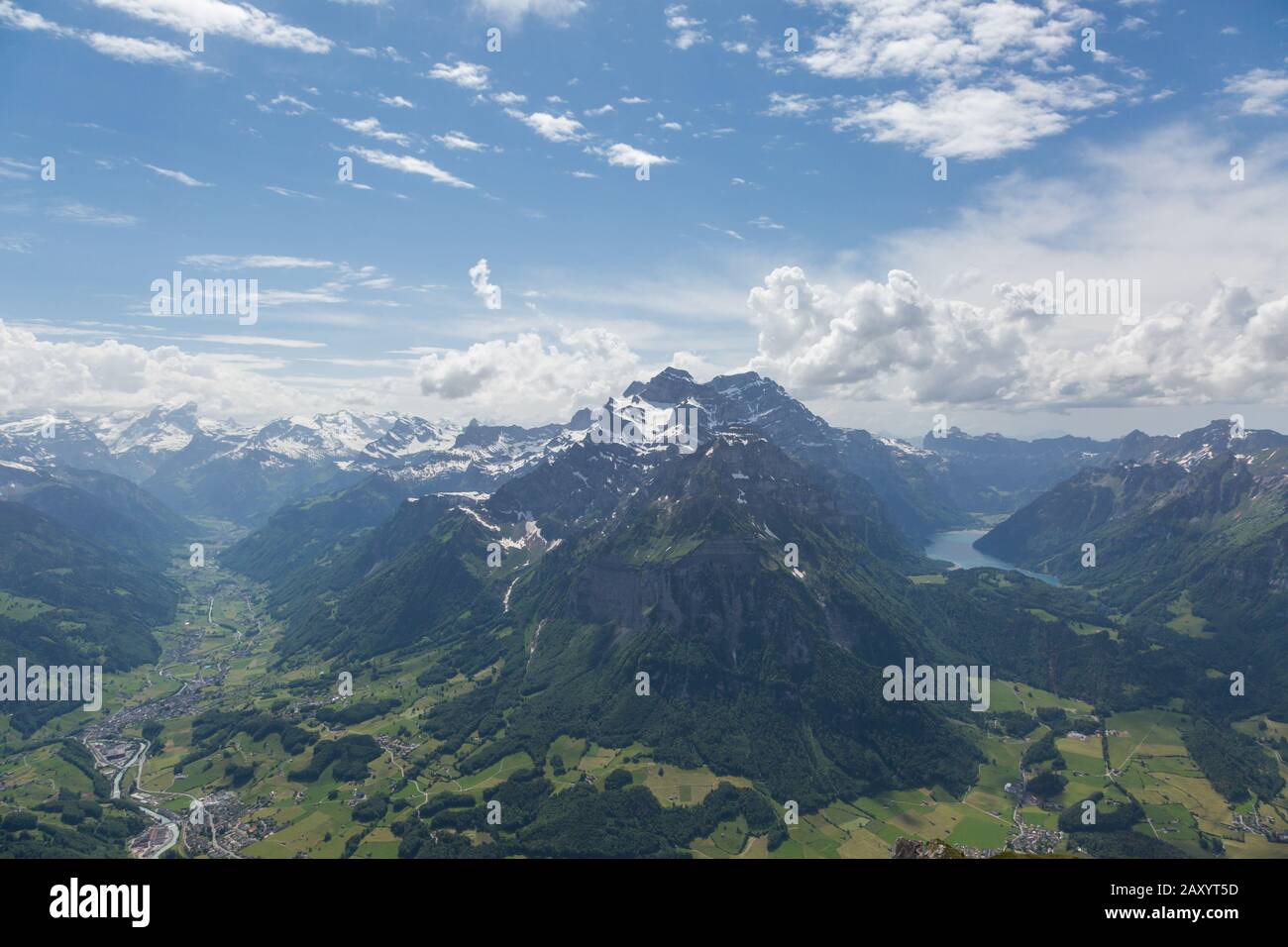 view from Schilt mountain on glarnerland valley and snowcapped ...