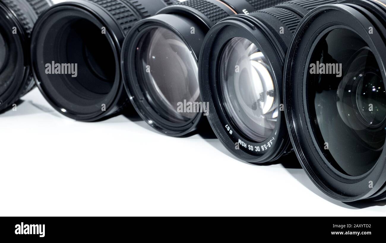 Collection of camera lens isolated on white background Stock Photo - Alamy