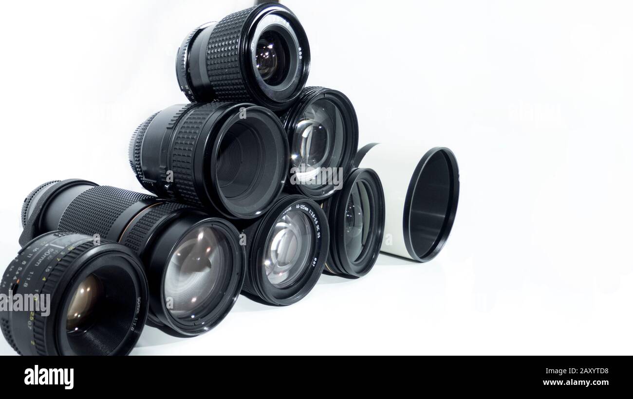 Collection of camera lens isolated on white background Stock Photo - Alamy