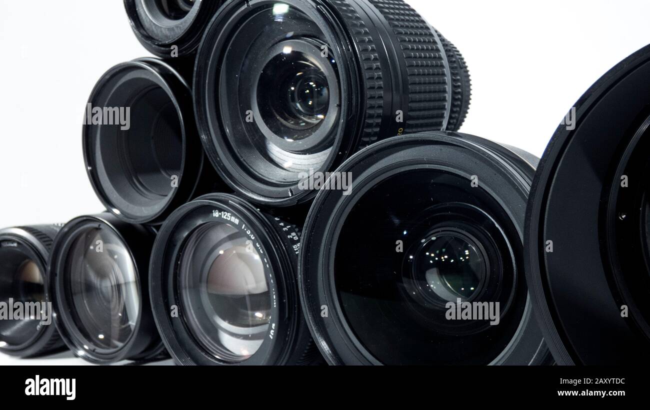 Collection of camera lens isolated on white background Stock Photo - Alamy
