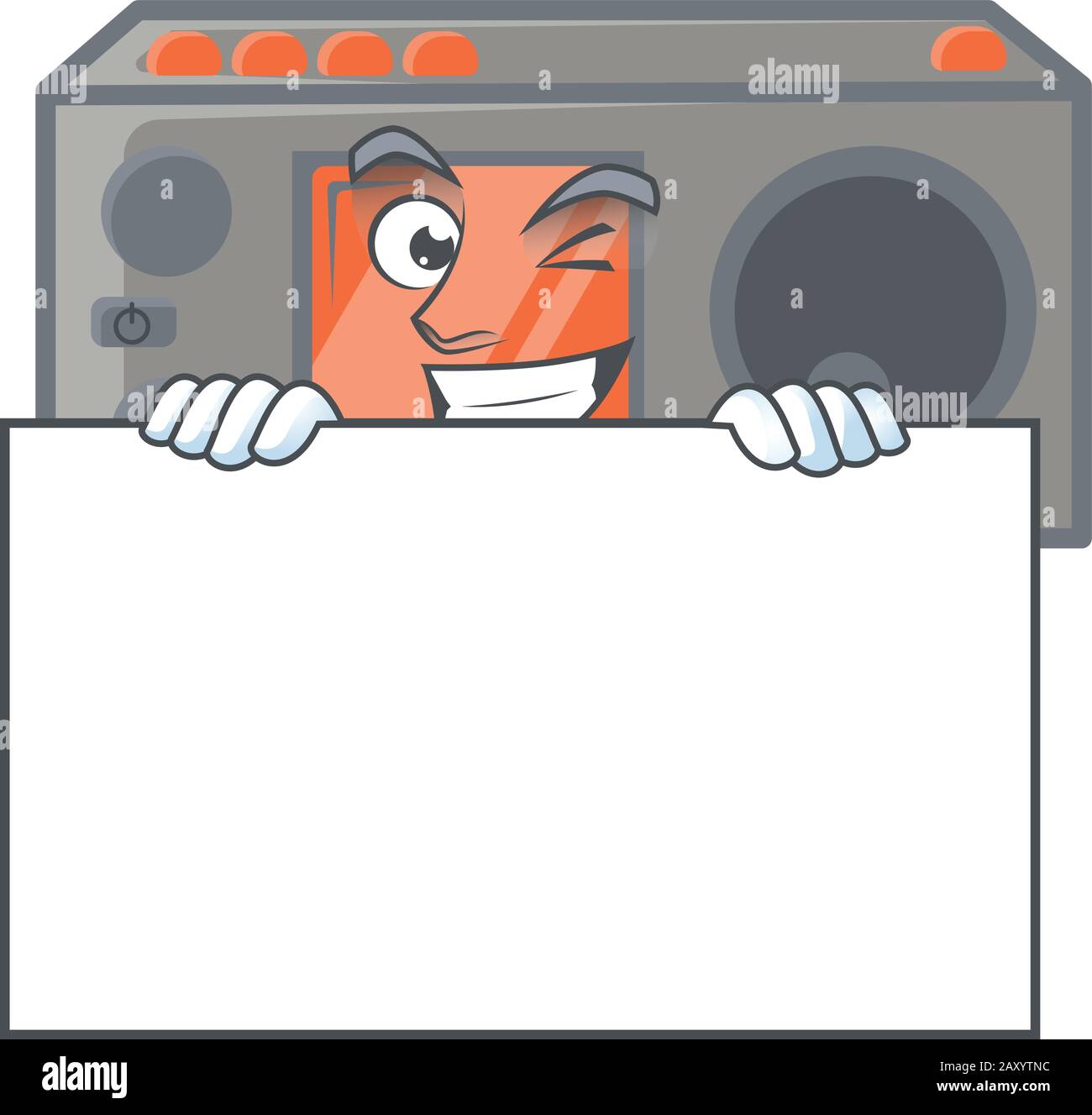 Radio transceiver cartoon character with funny face hides behind a ...