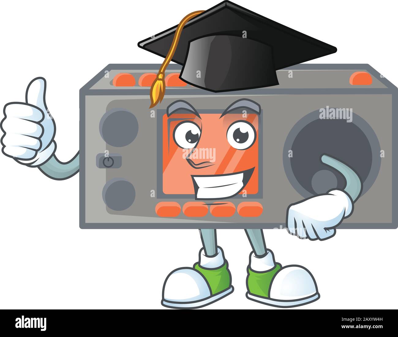 A happy character of radio transceiver in a black Graduation hat Stock ...