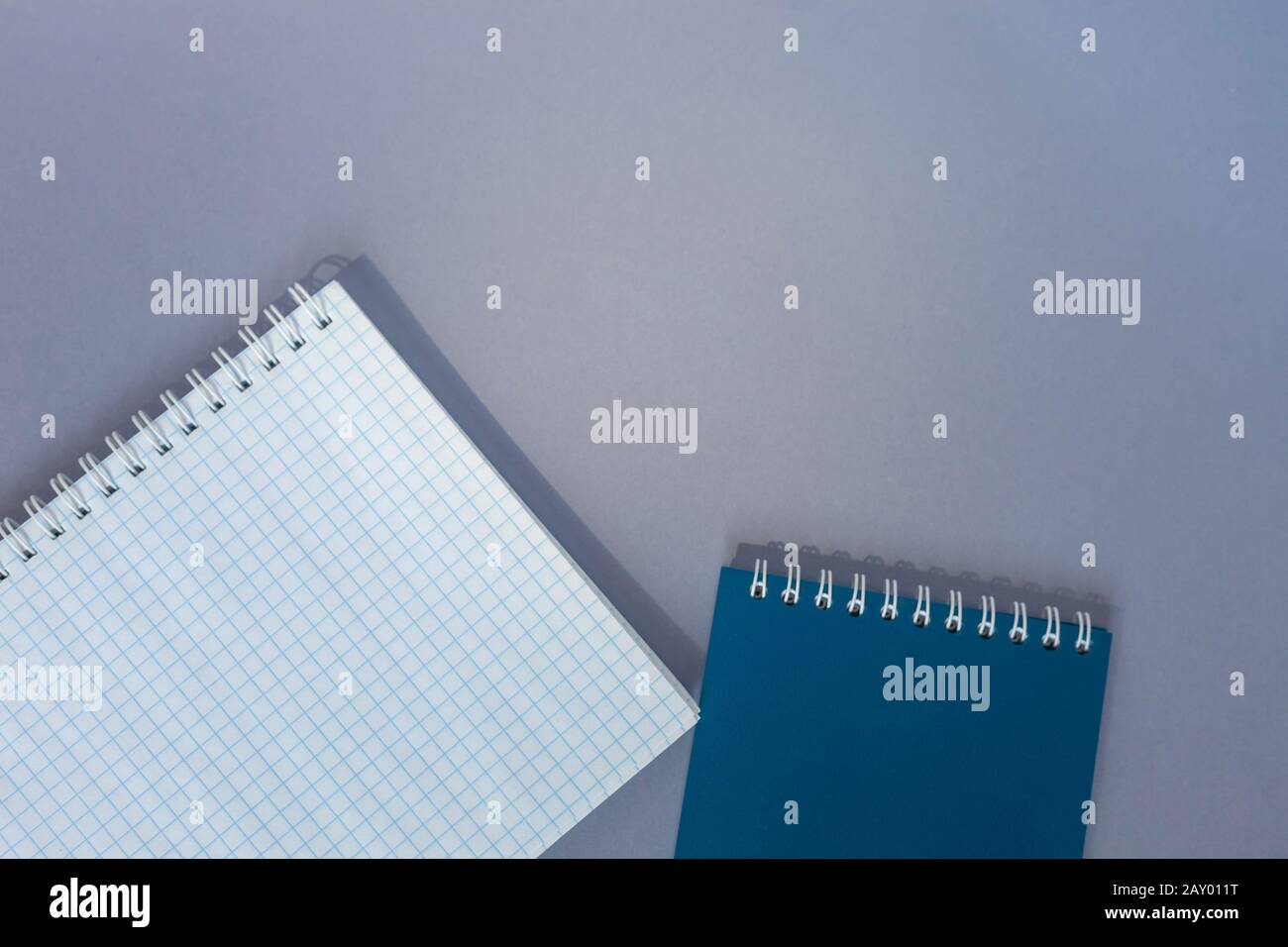 Empty blank ring, spiral notepad with on the grey background. View from ...