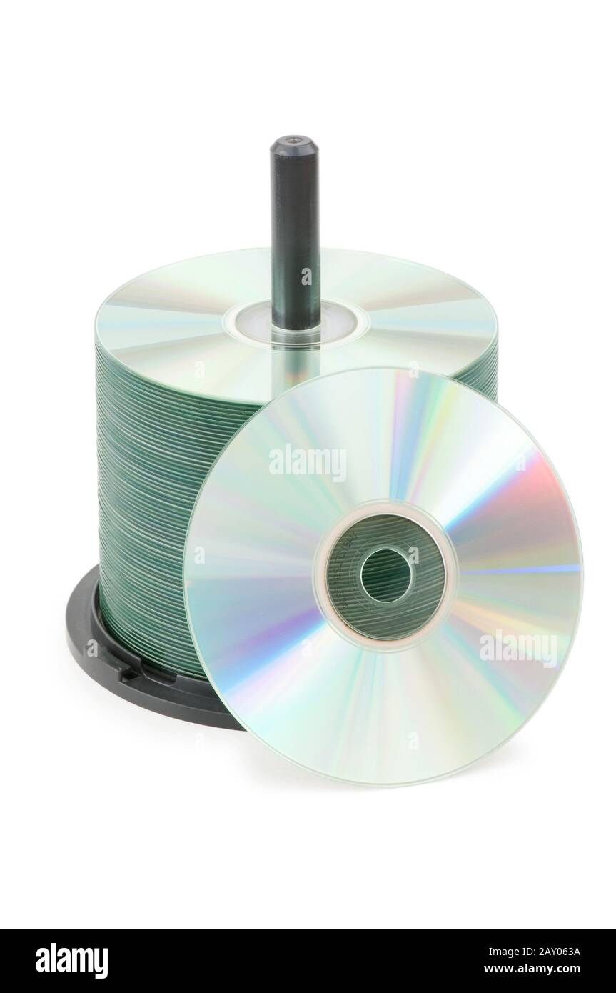 Spindle of cd disks isolated on white Stock Photo - Alamy
