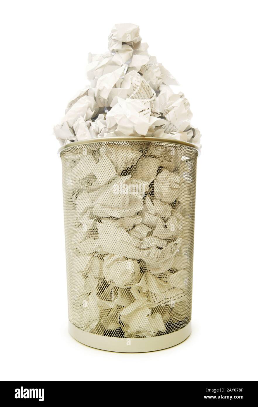 Garbage bin with paper waste isolated on white Stock Photo - Alamy