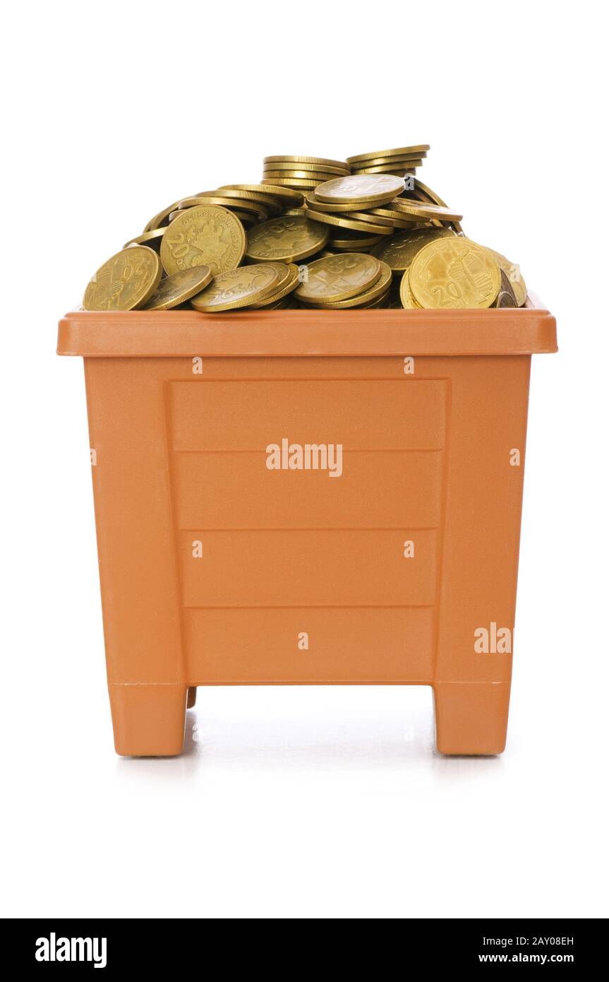 Many coins in the clay pot on white Stock Photo - Alamy