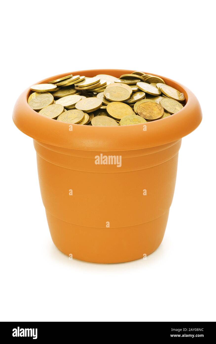 Many coins in the clay pot on white Stock Photo - Alamy