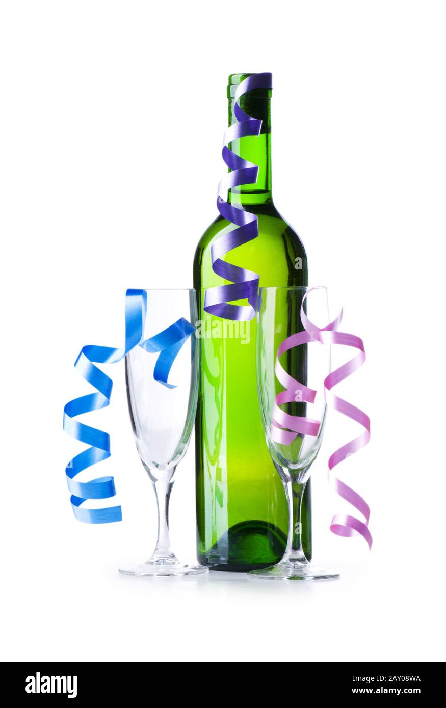 Bottle of wine and glass with streamer on white Stock Photo - Alamy