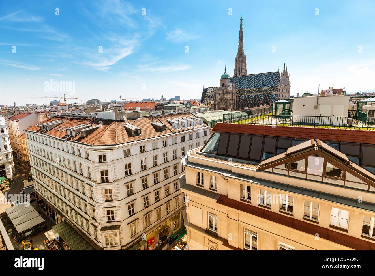 Aerial view of the roofs of houses and the main architectural ...