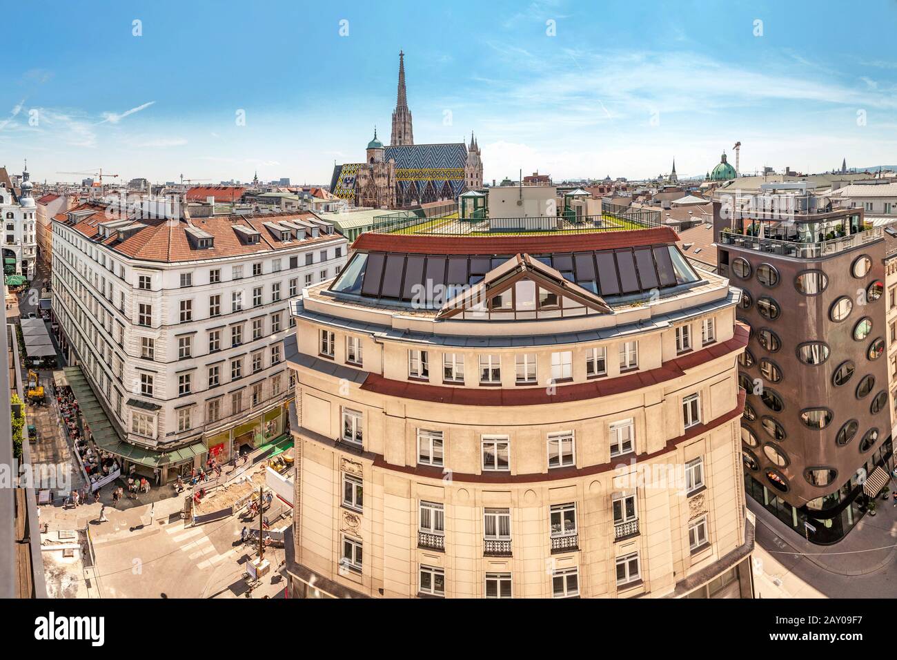 Aerial view of the roofs of houses and the main architectural ...