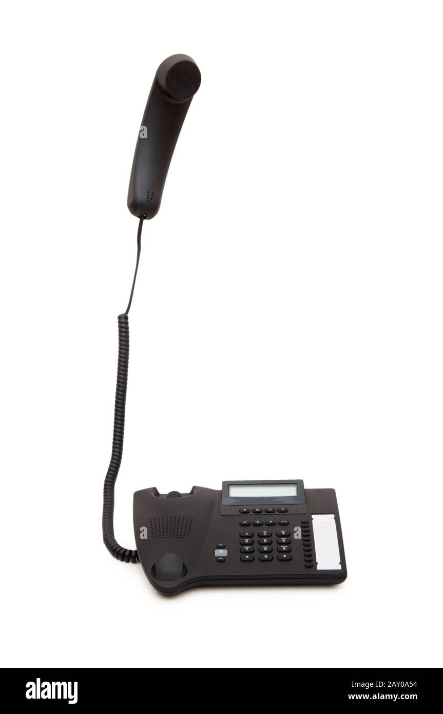 Phone with hanging receiver isolated on white Stock Photo - Alamy